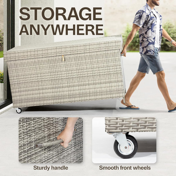 Bme 200 Gallons Water Resistant Wicker Deck Box with Wheels in Gray | Wayfair